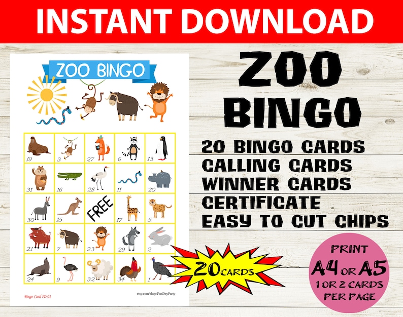 20 Card Zoo Animal Bingo - Zoo Animal Bingo 5x5 - Printable Zoo Bingo ...