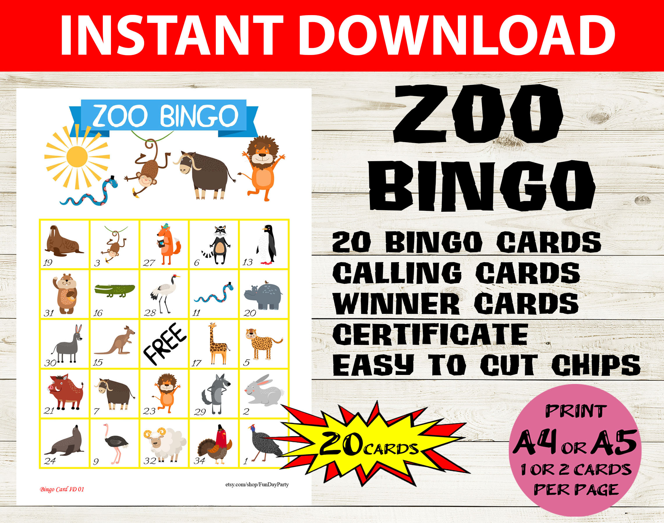20 Card Zoo Animal Bingo Zoo Animal Bingo 5x5 Printable - Etsy