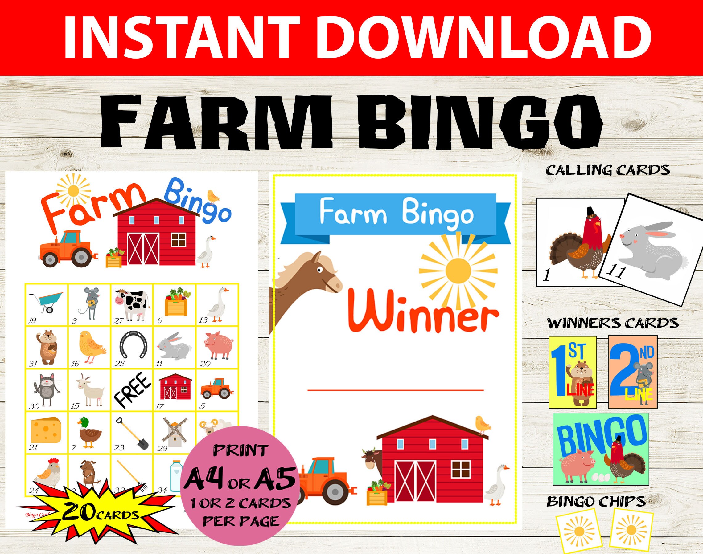 20 Card Farm Animal Bingo - Barn Animal Bingo 5x5 - Printable Farm ...