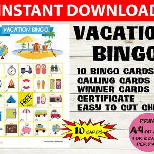 10 Card Vacation Bingo - Summer Bingo 5x5 - Beach Printable Bingo Cards ...