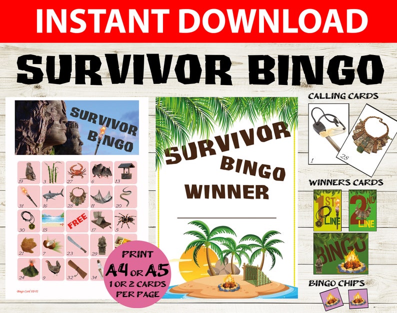 30 Card TV Show Survivor Inspired Bingo - Survivor Bingo 5x5 Game ...