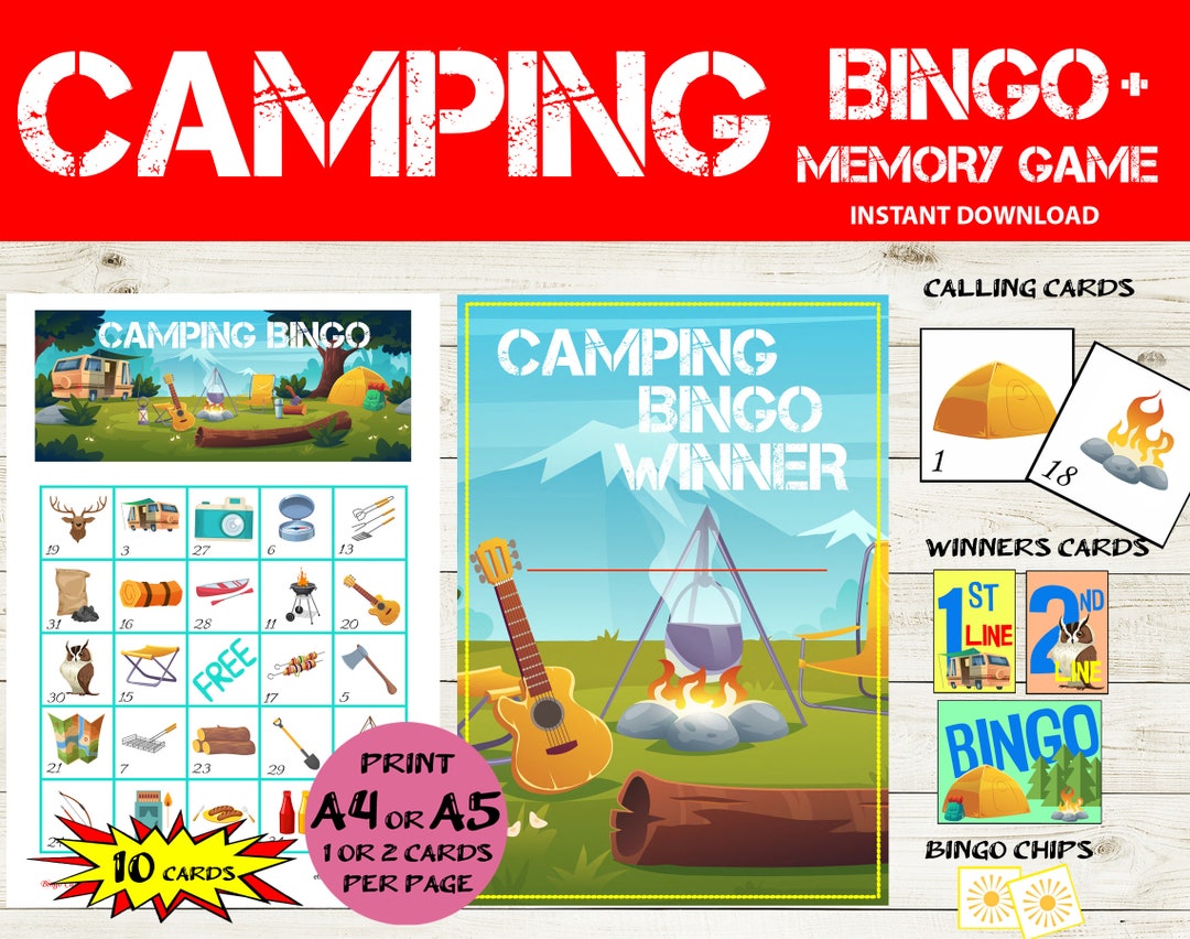 10 Card Camping Bingo & Memory Game - Camping Bingo 5x5 - Printable ...