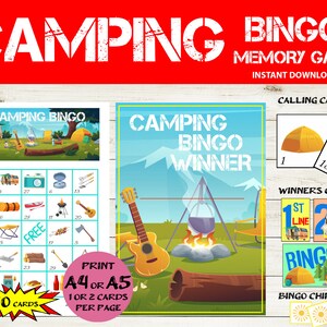 10 Card Camping Bingo & Memory Game - Camping Bingo 5x5 - Printable ...