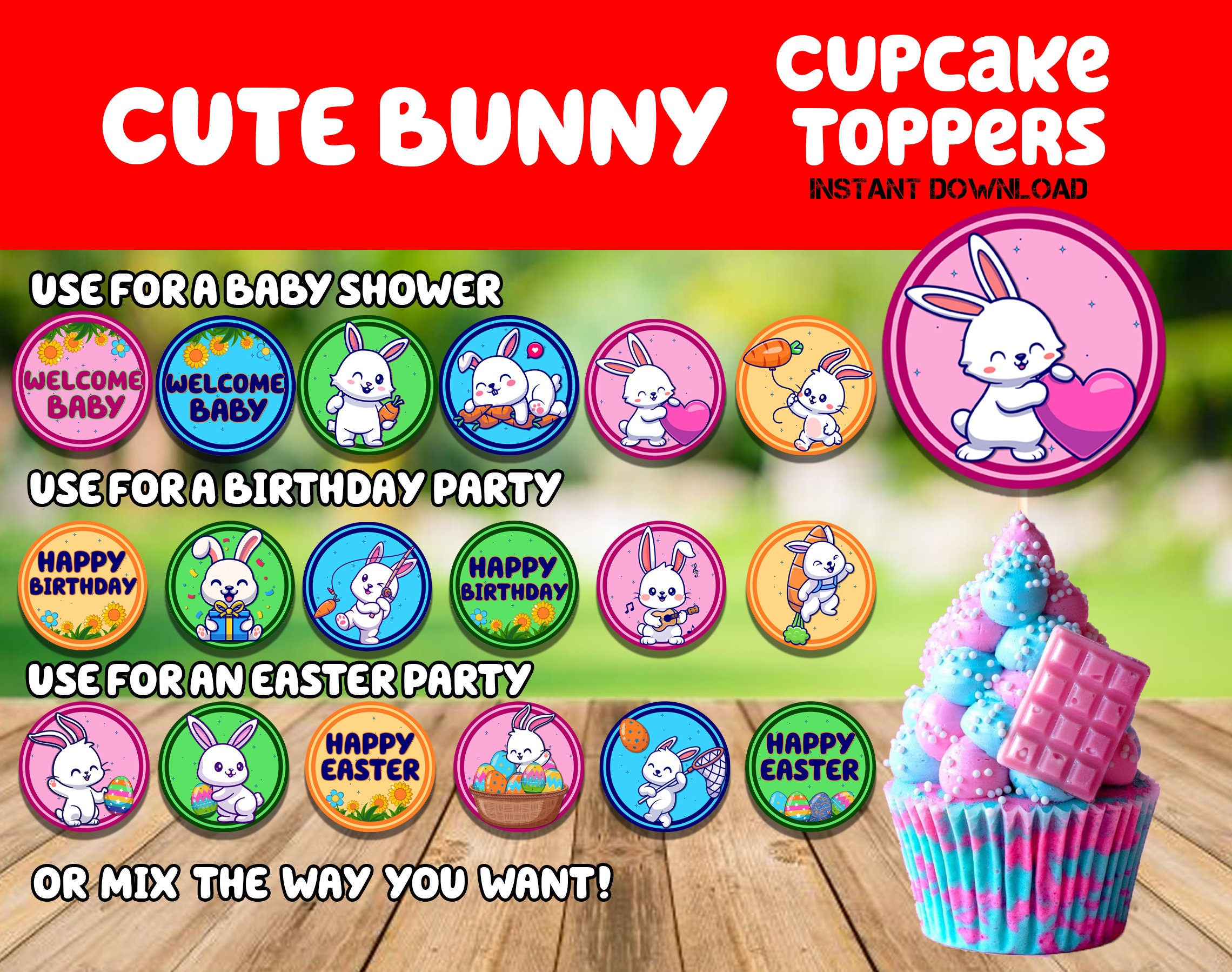 Cute Bunny Cupcake Toppers - Bunny-themed Cupcake Toppers - Bunny ...