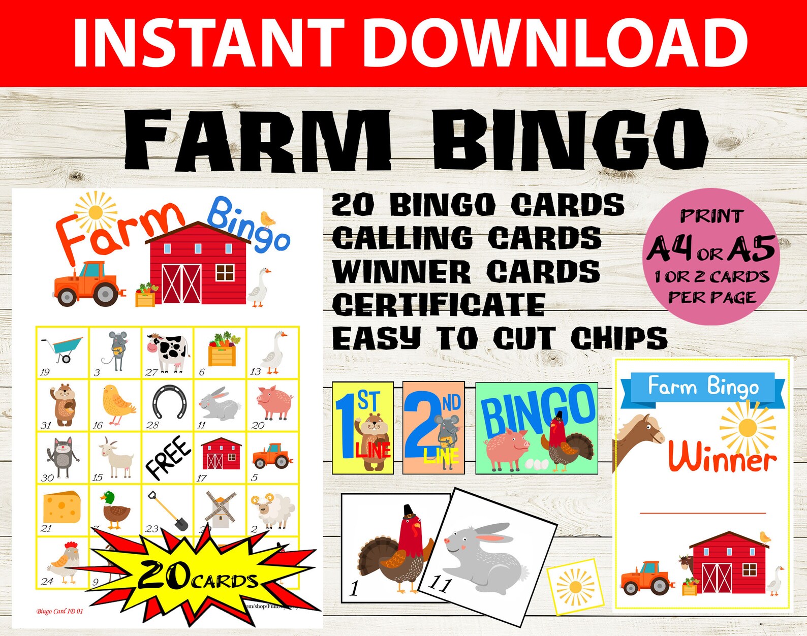 20 Card Farm Animal Bingo - Barn Animal Bingo 5x5 - Printable Farm ...