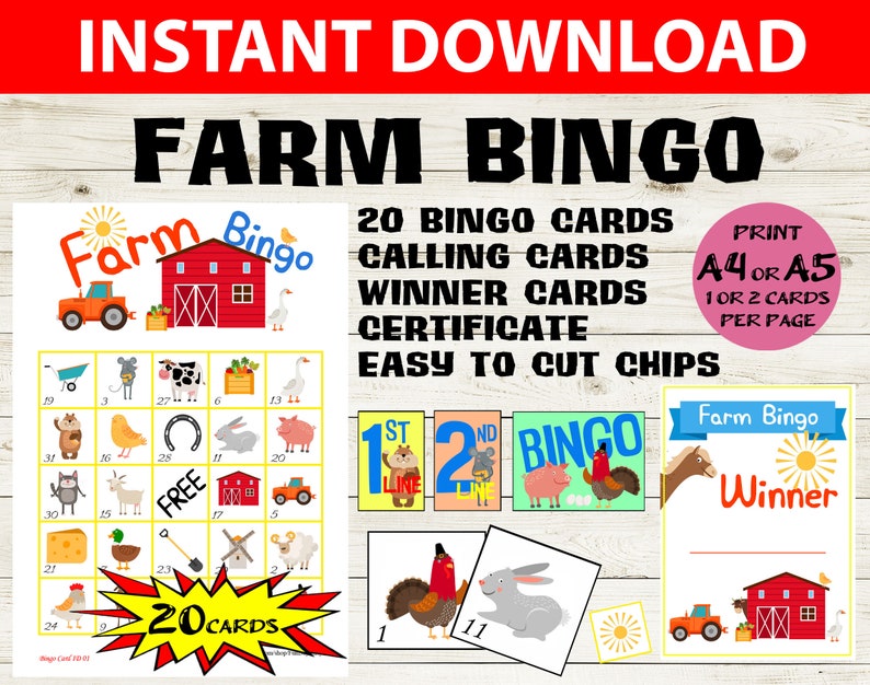20 Card Farm Animal Bingo - Barn Animal Bingo 5x5 - Printable Farm ...