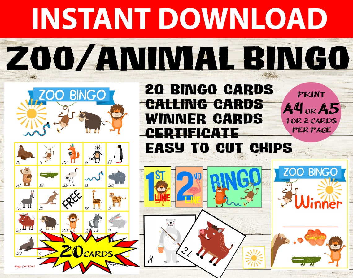 20 Card Zoo Animal Bingo - Zoo Animal Bingo 5x5 - Printable Zoo Bingo ...