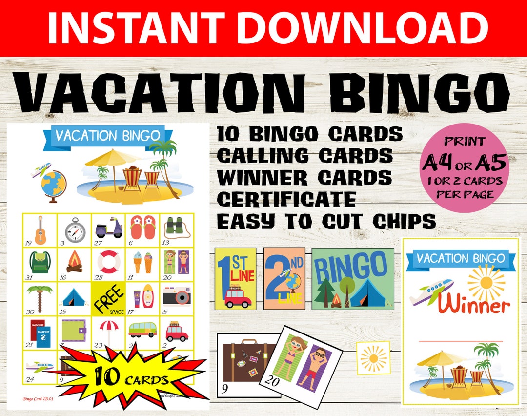 10 Card Vacation Bingo - Summer Bingo 5x5 - Beach Printable Bingo Cards ...