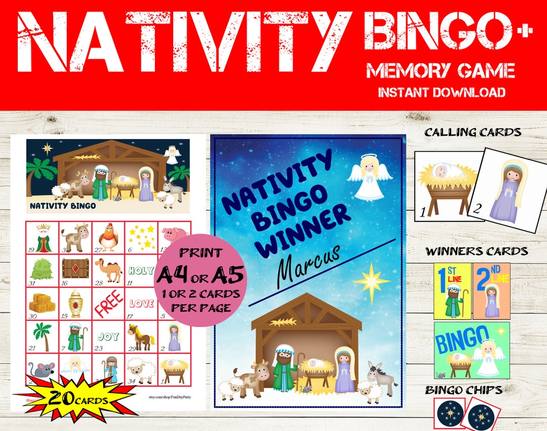20 Card Nativity Bingo & Memory Game Christmas Party Games Christmas ...