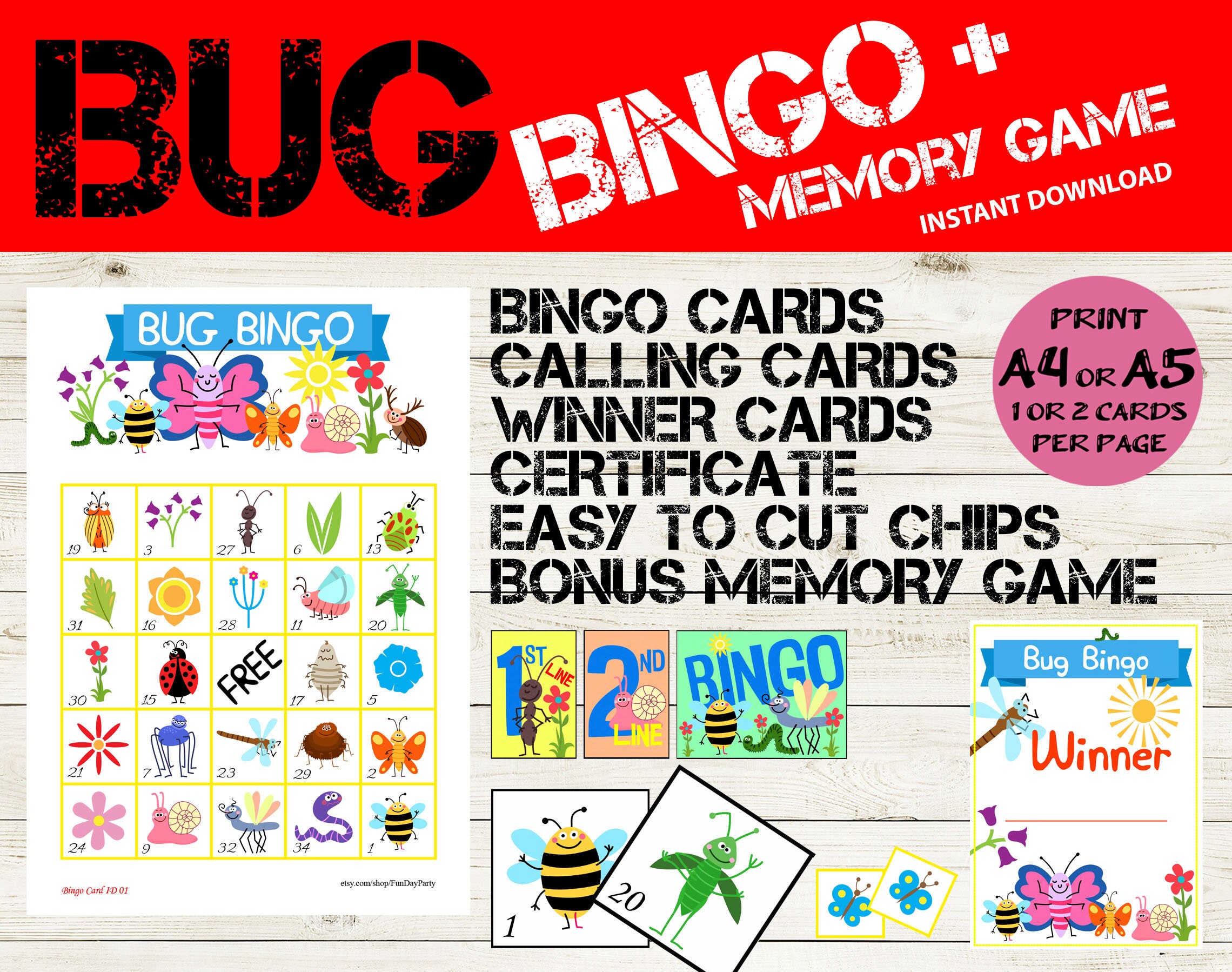 30 Card Bug Bingo & Memory Game Bug Party Bingo 5x5 Printable Insect ...