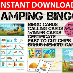10 Card Camping Bingo & Memory Game - Camping Bingo 5x5 - Printable ...