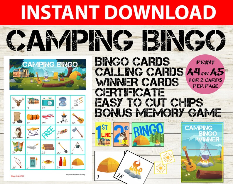 10 Card Camping Bingo & Memory Game Camping Bingo 5x5 - Etsy