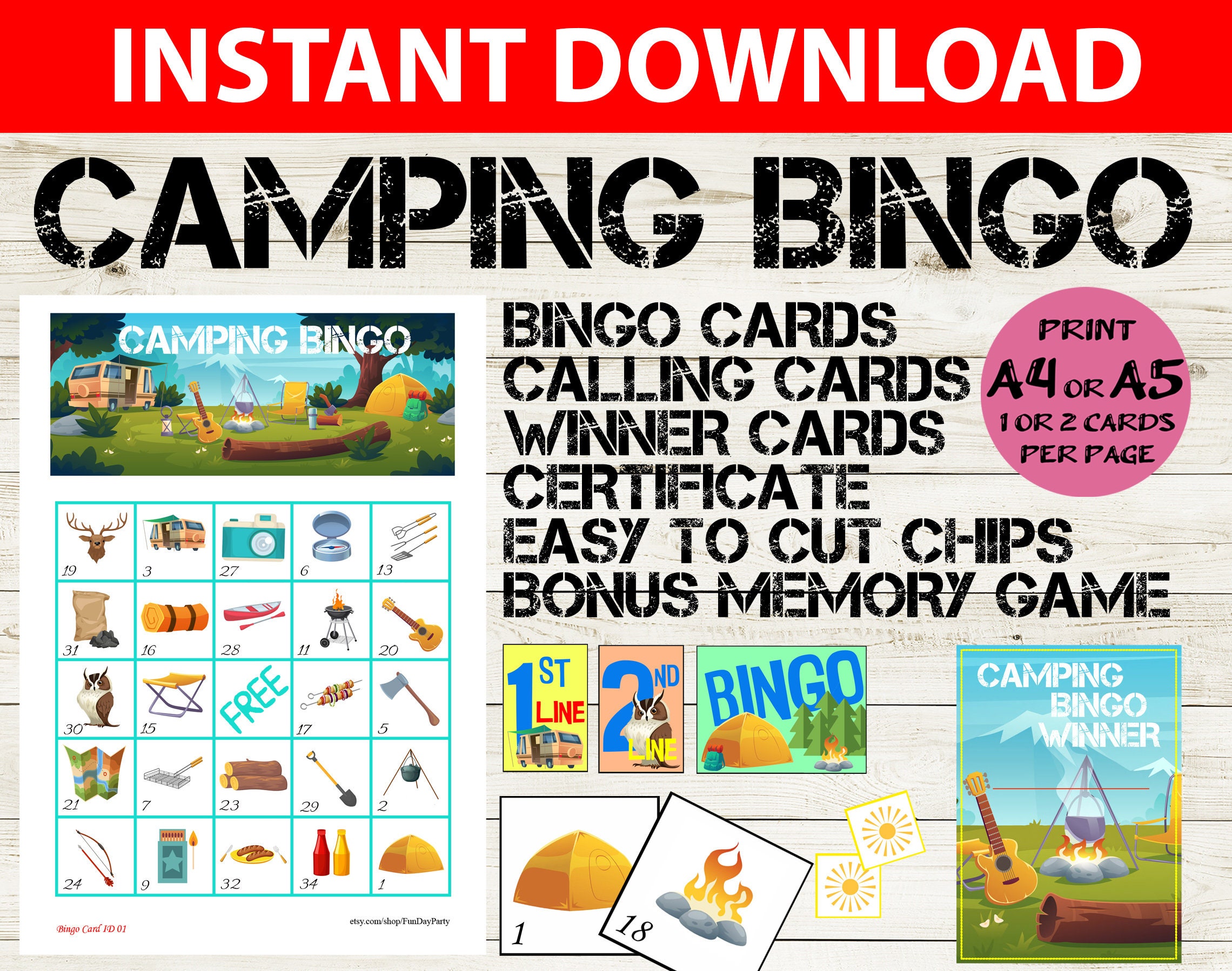 10 Card Camping Bingo & Memory Game - Camping Bingo 5x5 - Printable ...