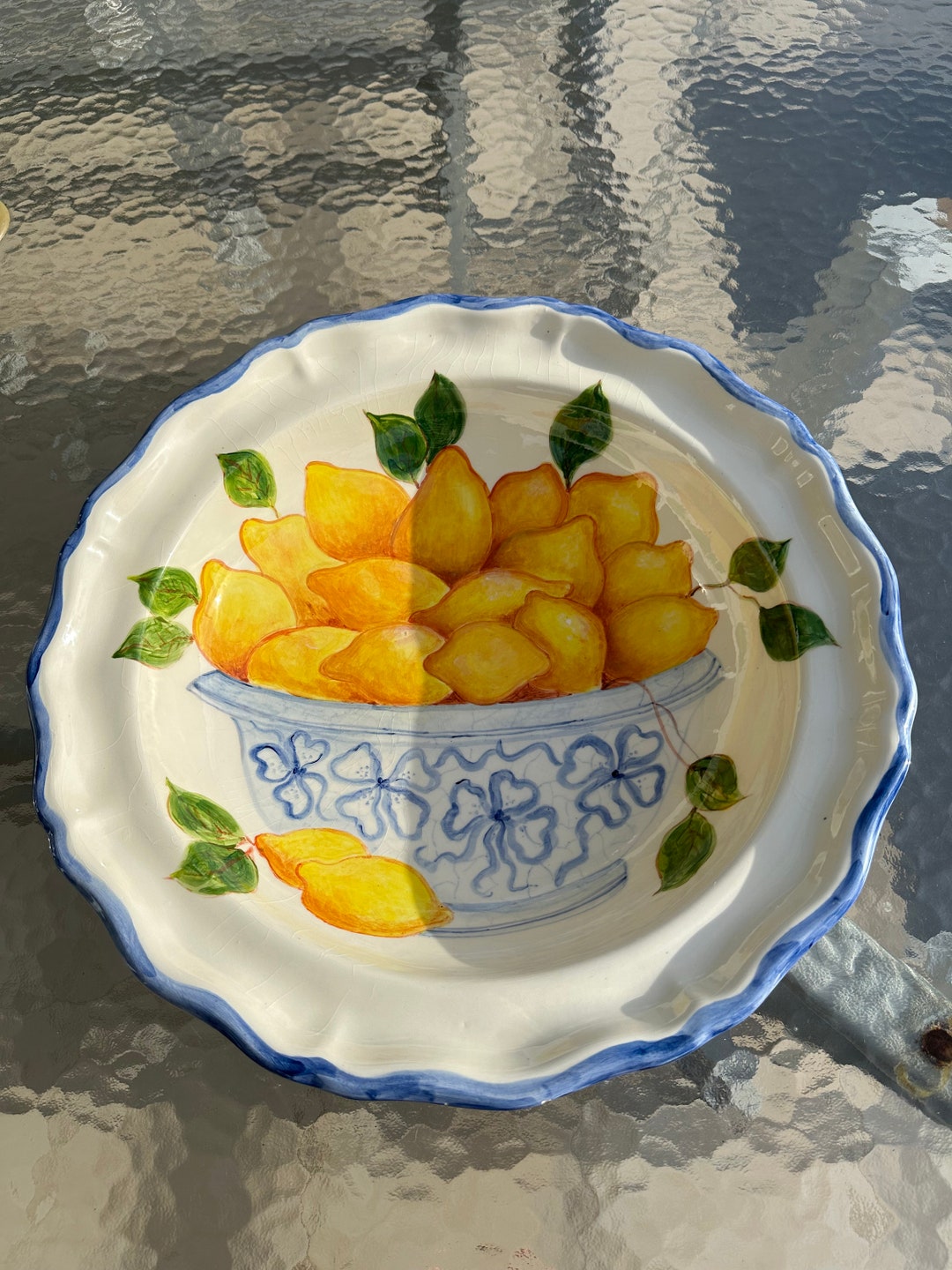 Tuscan Large Round Bowl, Hand Made Glazed Pottery Fruit Bowl. Lemons in ...