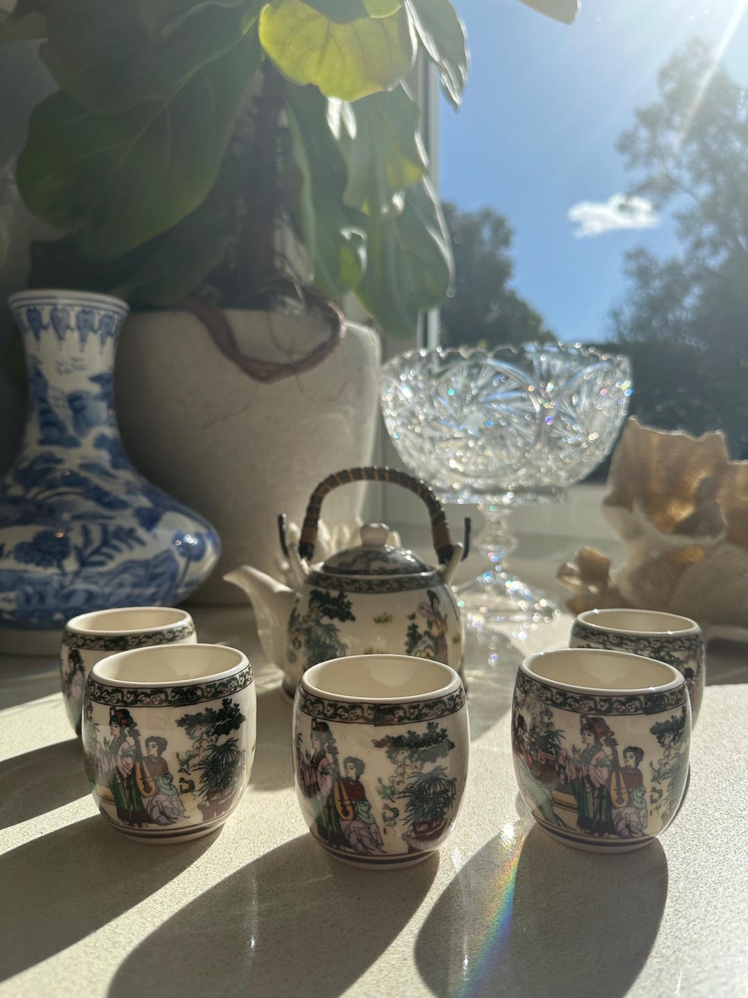 Chinese Porcelain Tea Set - Tea Pot With Bamboo Handle and 5 Cups W - Etsy