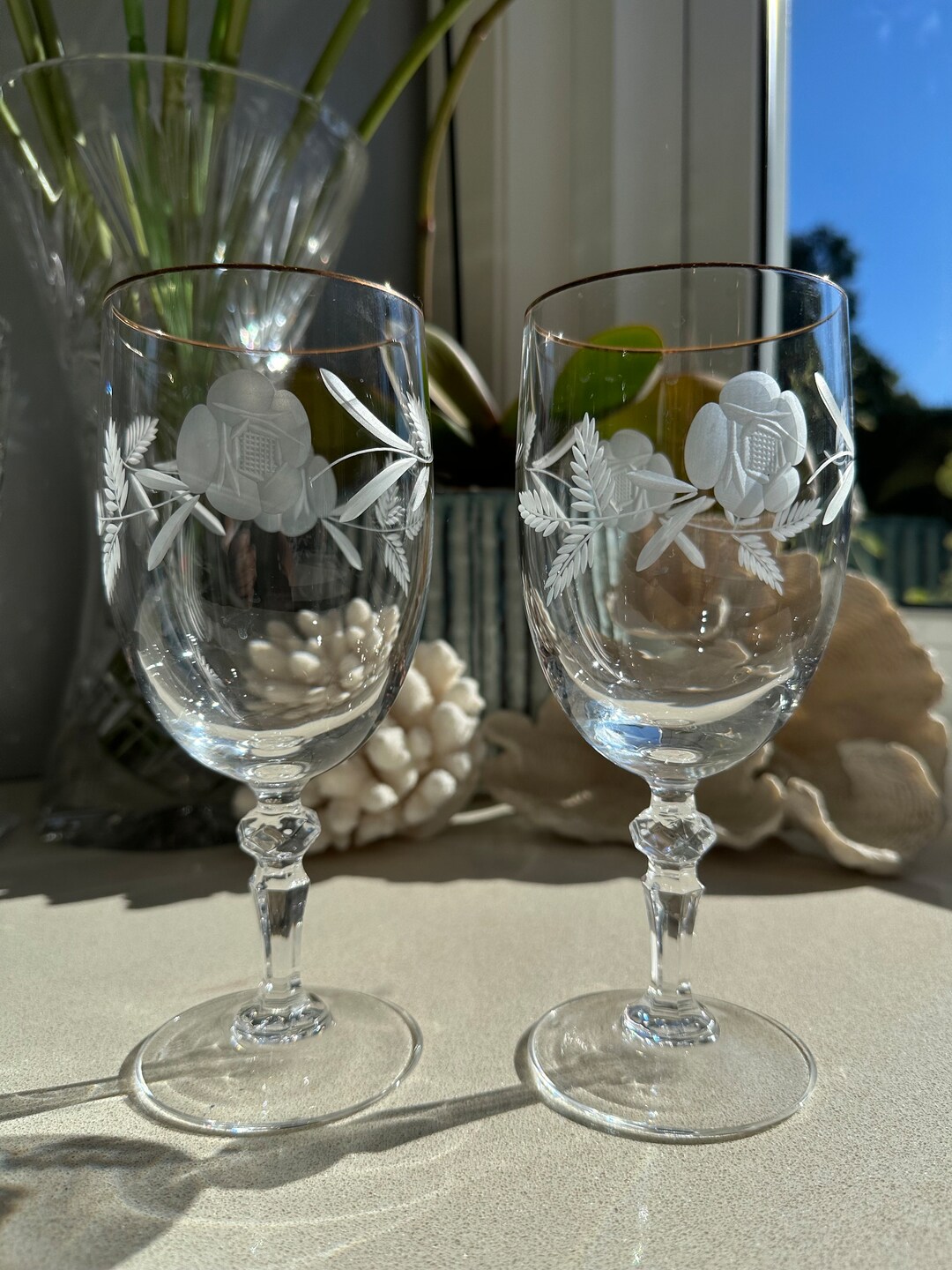 ROYAL DOULTON CRYSTAL, Wine Glasses pair 2 Cut Patterned Crystal With ...
