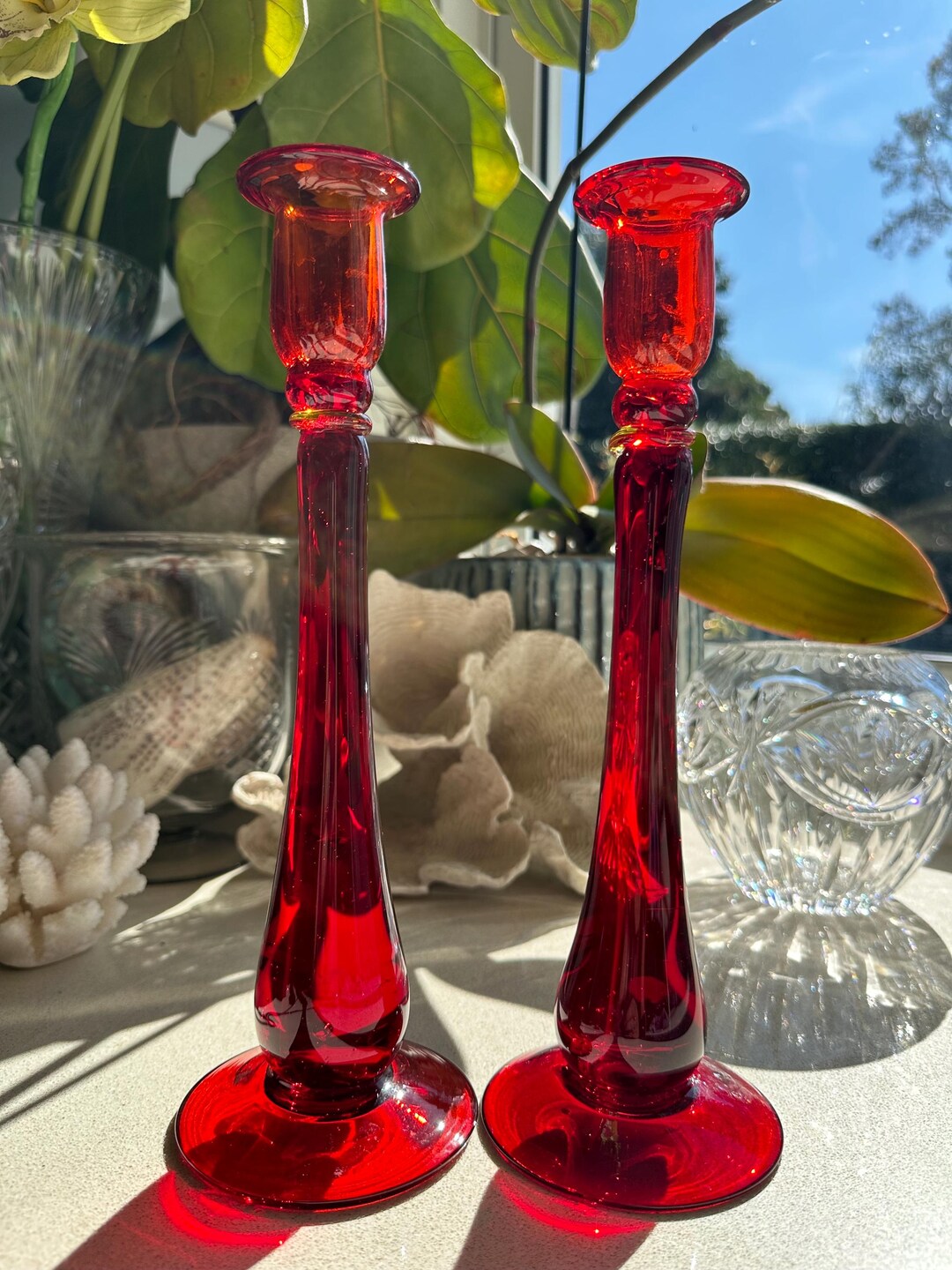 RED ORANGE GLASS Candle Stick Holders - Twisted Hand Blown Glass - Pair of Red Vintage Quality ...