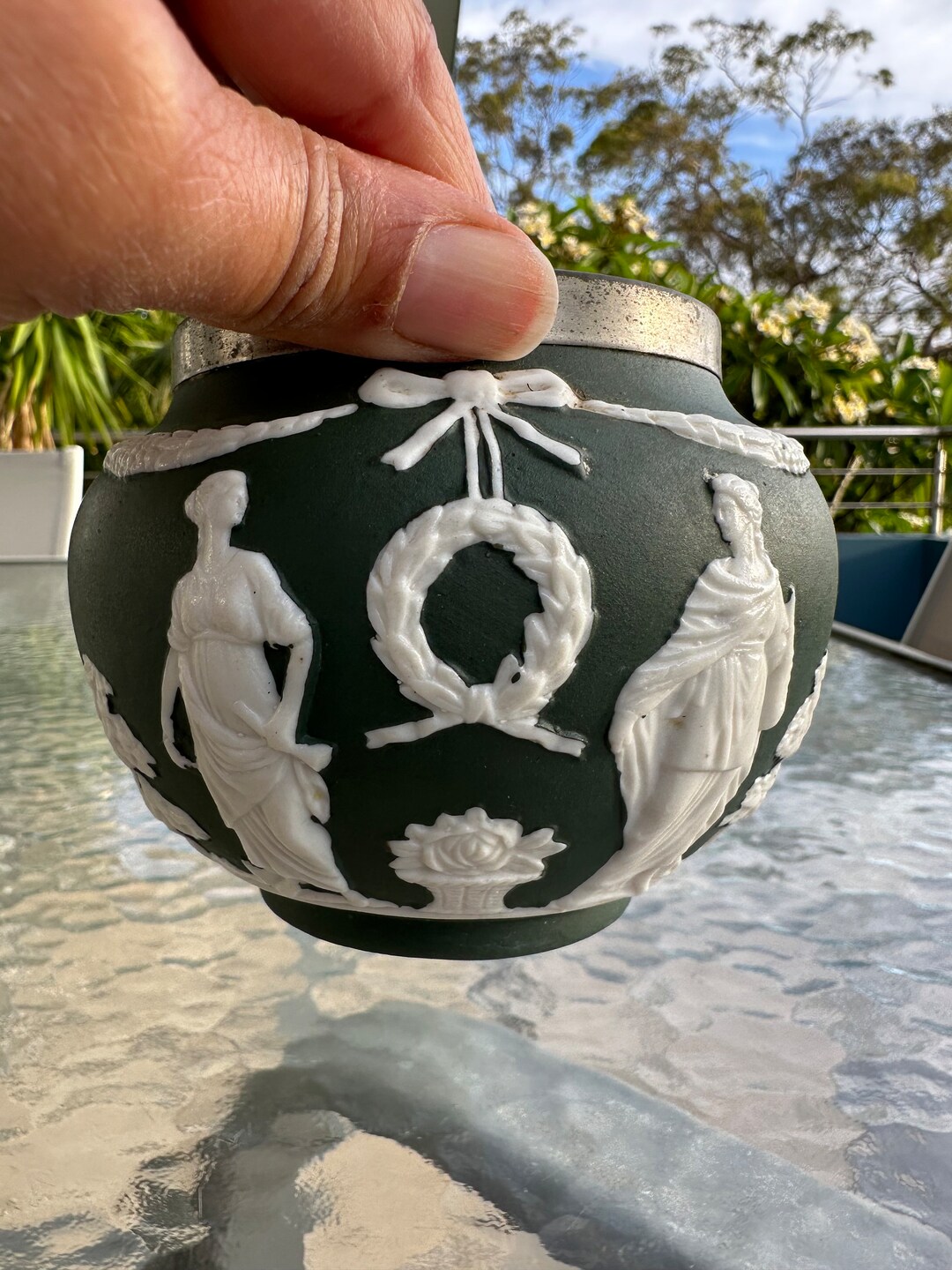Vintage Green Jasperware Pot Cameo Pattern of Gods, Bow and Wreath ...