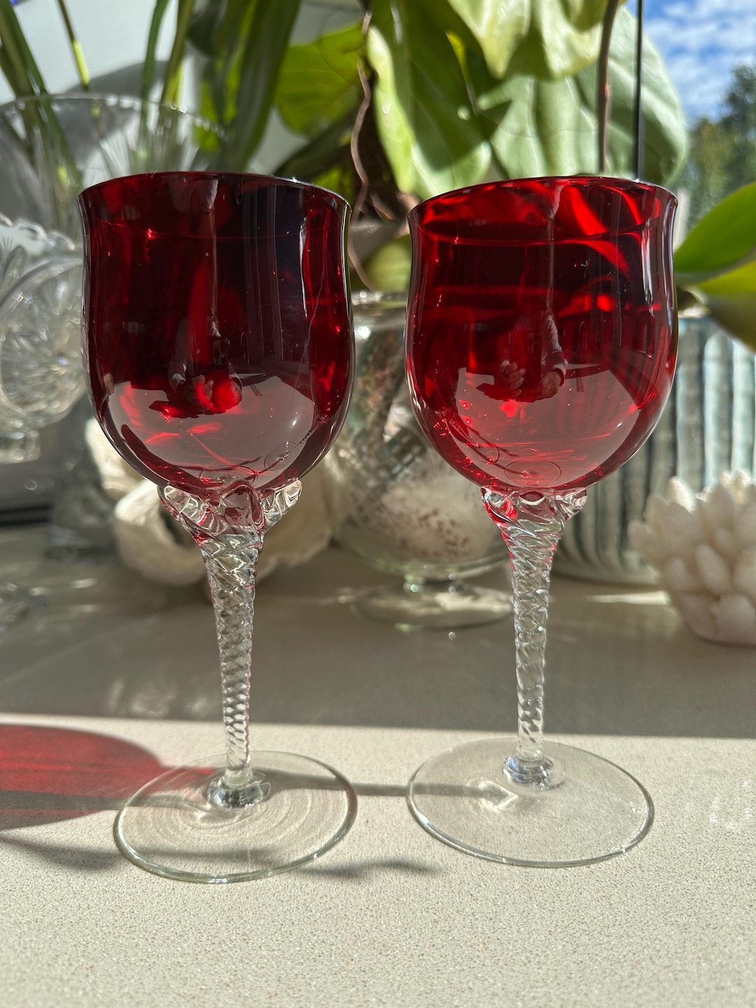 RUBY RED WINE Glasses Set of 2, Clear Twisted Stem, Clear Base and ...