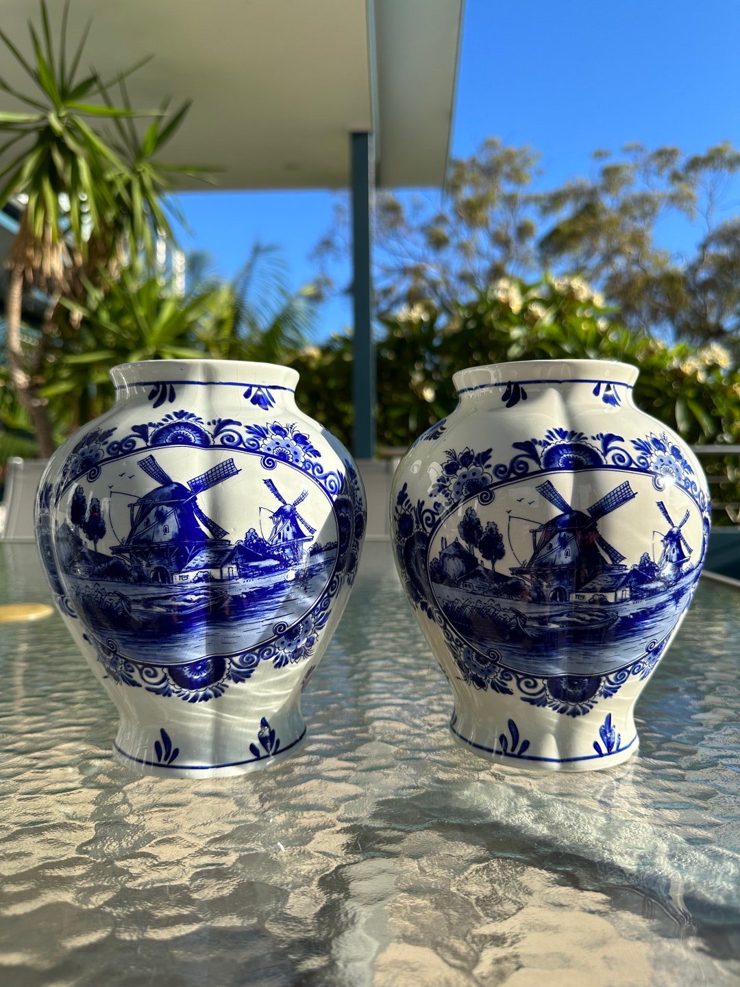 Dutch Twin Vintage Ceramic Windmill Vases, Delft Blue and White ...