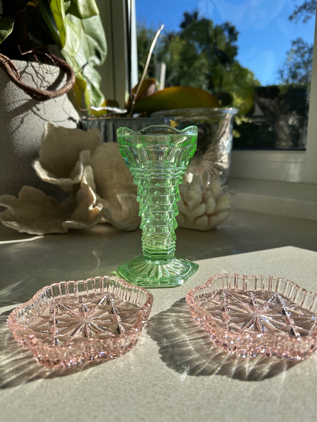 Coloured Art Deco Designed Green Glass Vase and Pink Glass Dishes Set ...