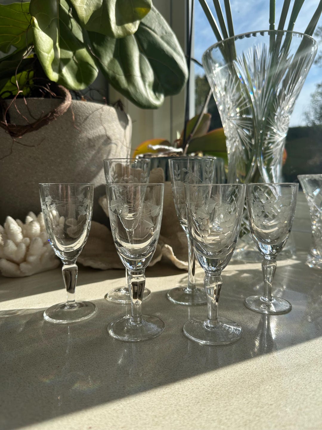 ETCHED GLASS Liqueur Glasses Set of 6 - Floral and Grape Designs - Etsy