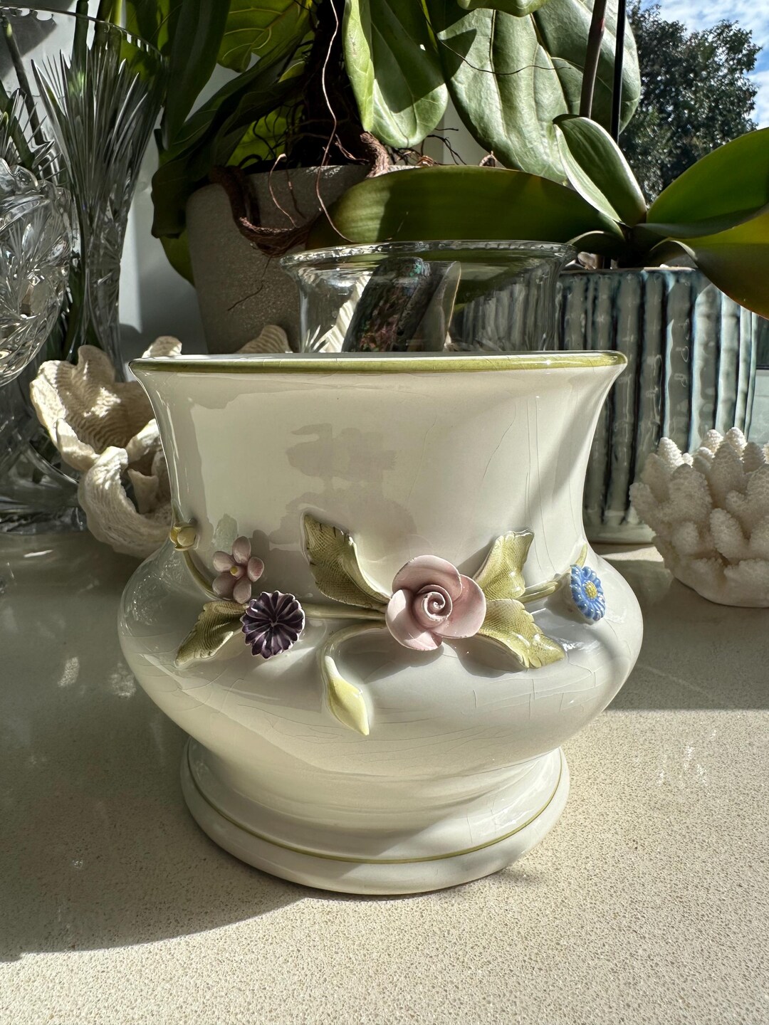 Vintage Italian Capodimonte Cache Pot | Delicate Floral Ceramic Planter ...