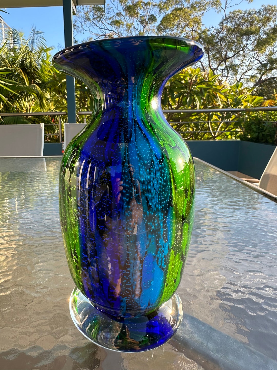 Large Coloured Art Glass Vase, Vintage Glass Blue, Green Speckled Vase ...