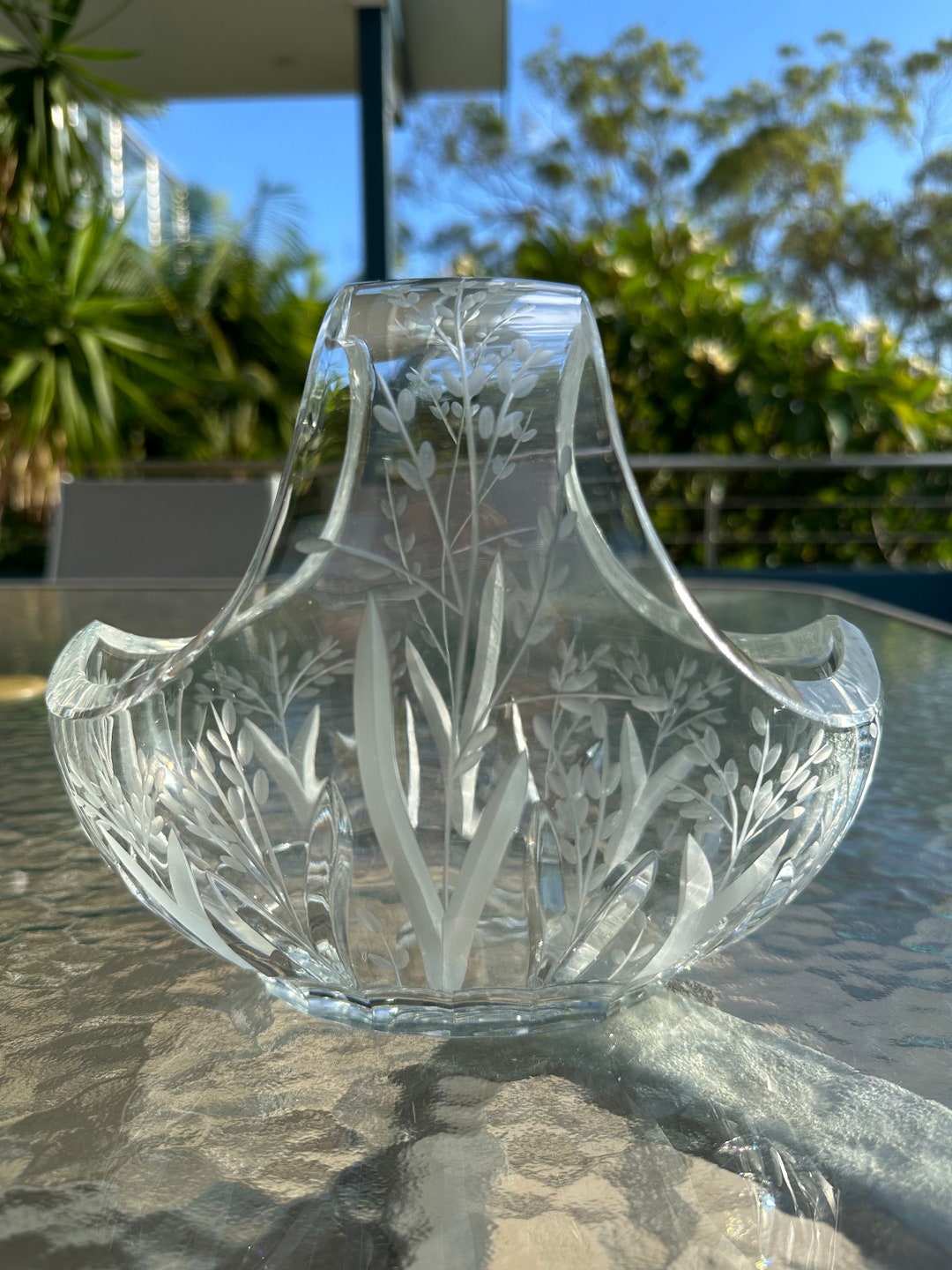 Vintage Crystal Basket, Crystal Vase, Hand Cut Floral Pattern - Rose ...