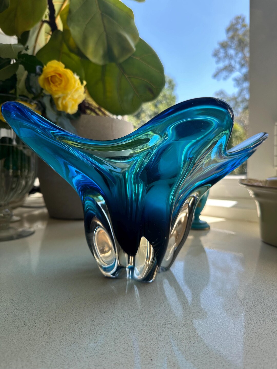Mid Century Iwatsu Style Art Glass Bowl, Vibrant Blue Centrepiece ...