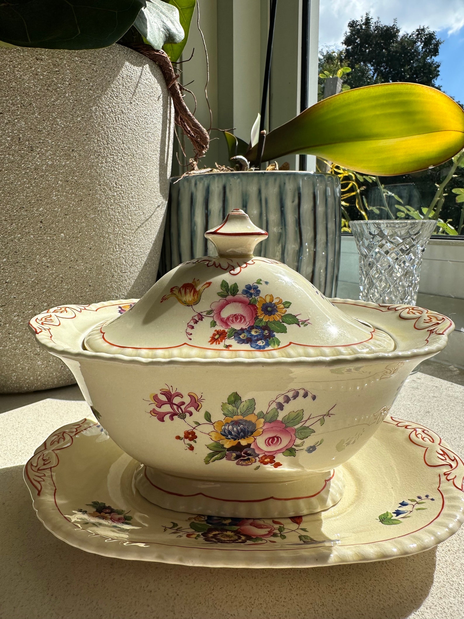 Antique Royal Cauldon Lidded Sauce Bowl With Underplate: Floral ...
