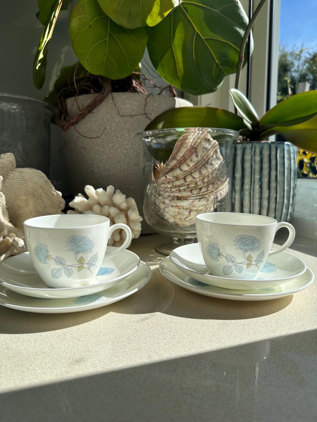 Wedgwood Ice Rose Tea Cups With Saucers and Cake Plates Set of 2 - Bone ...