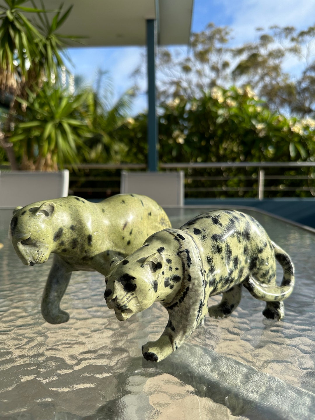 African Leopard, Lion Stone Sculptures Matching Pair 2 Green Shona ...