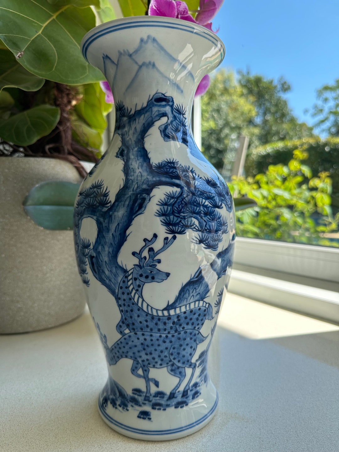 CHINESE PORCELAIN VASE - Glazed Porcelain With Deer and Tree on a Blue ...