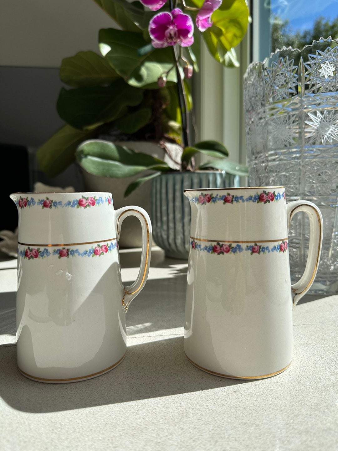 Vintage Crescent England Milk Jugs Pair C1920s – Rose Garland Floral ...