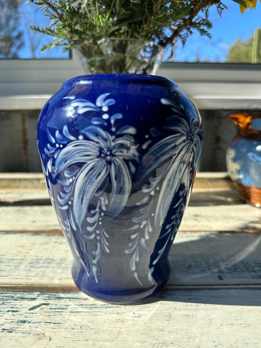 Blue Pottery Vase: Hand-painted Flannel Flower Design, Made in ...