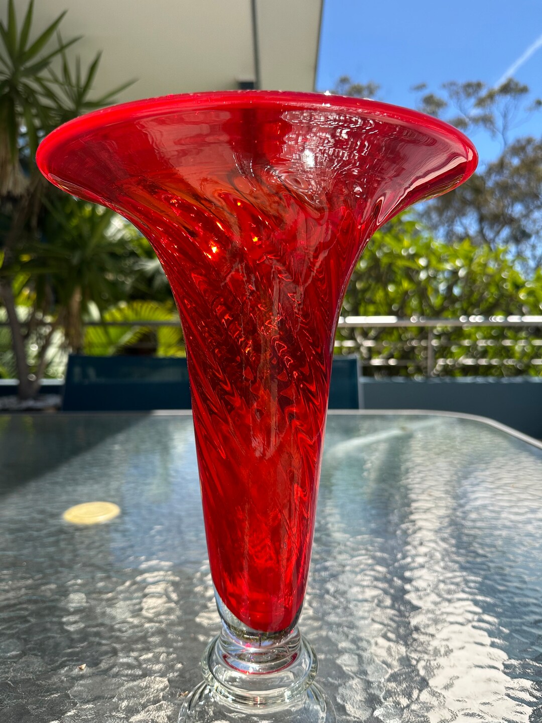 TALL RED GLASS Vase Classic Centrepiece, Mid Century Spiral Glass ...