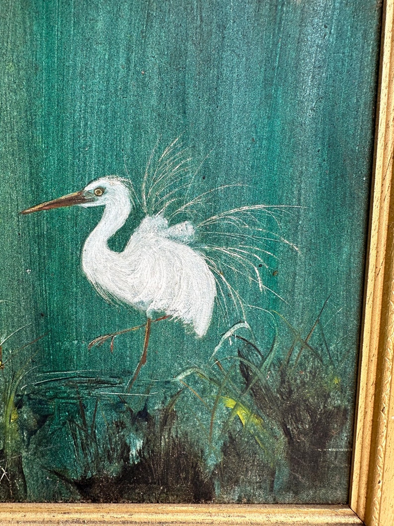 Vintage Oil on Board Framed Painting of Plumed Egret, White Bird ...
