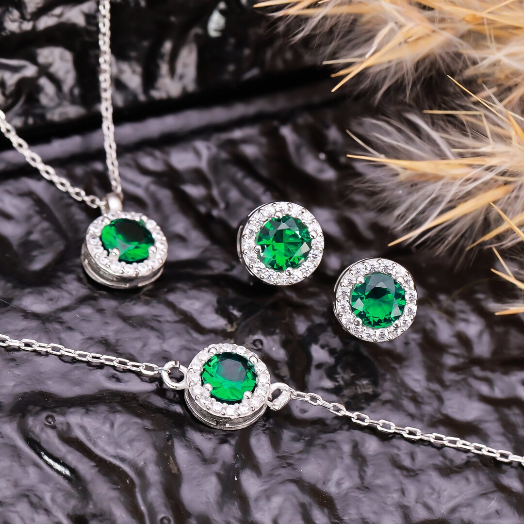 Round Birthstone Jewelry Set, Silver Birthstone Set,birthstone Earring ...