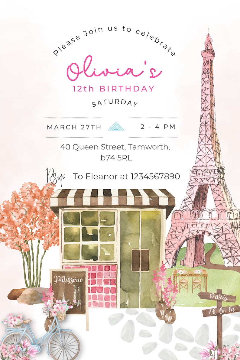 Editable Paris Theme Birthday Invite, Parisian Cafe Invitation, French ...