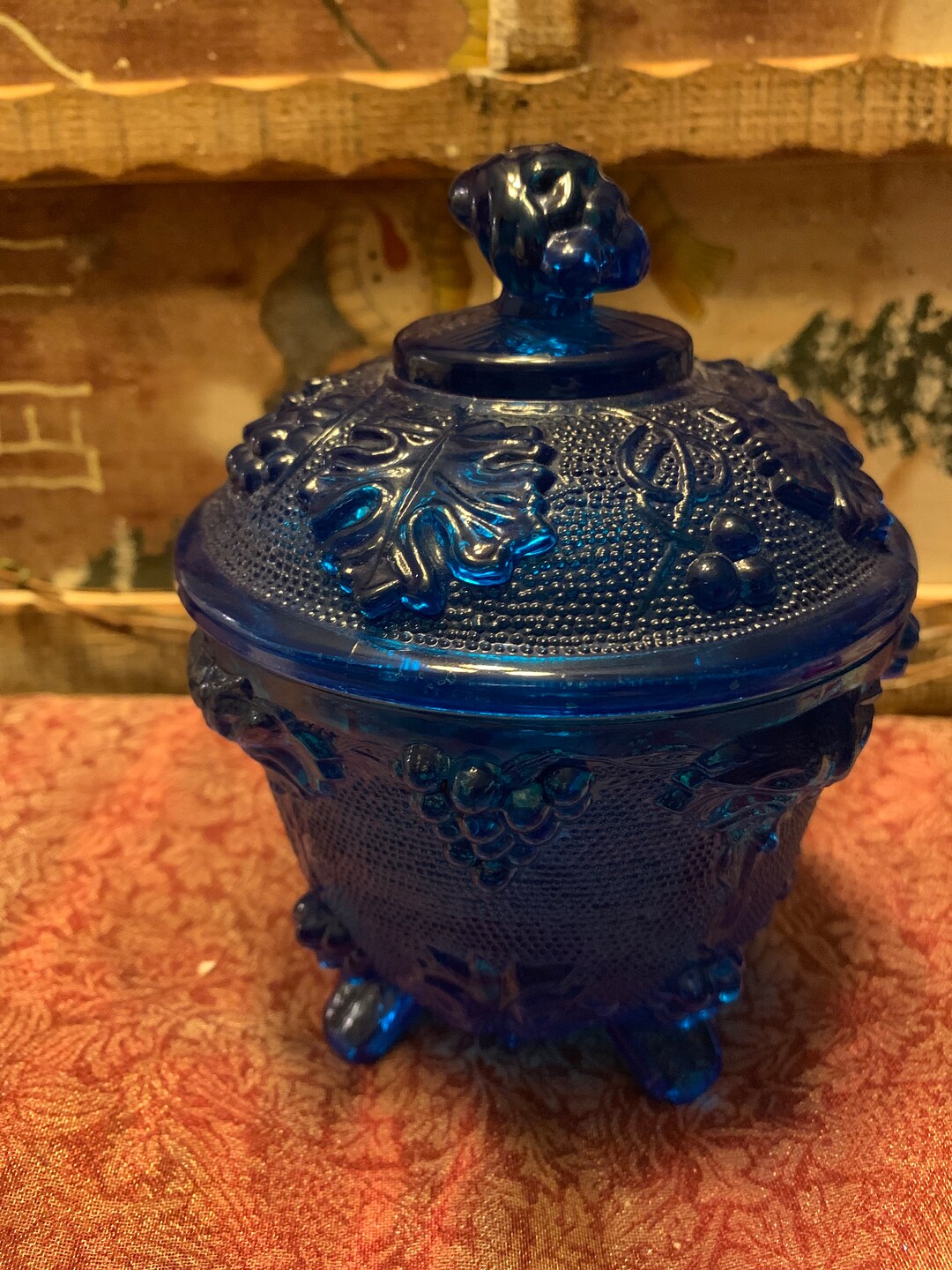 Vintage Cobalt Blue Footed Candy Dish With Grape Design - Etsy