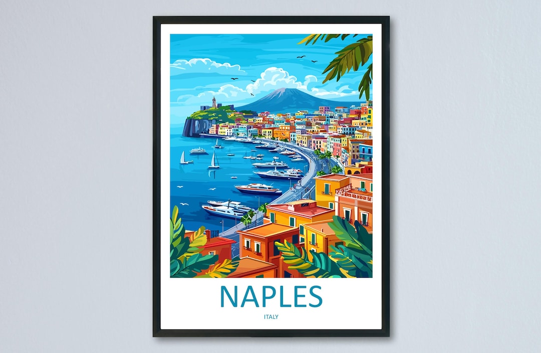 Naples Cartoon Travel Poster Italy Wall Art Coastal City Print Vesuvius ...