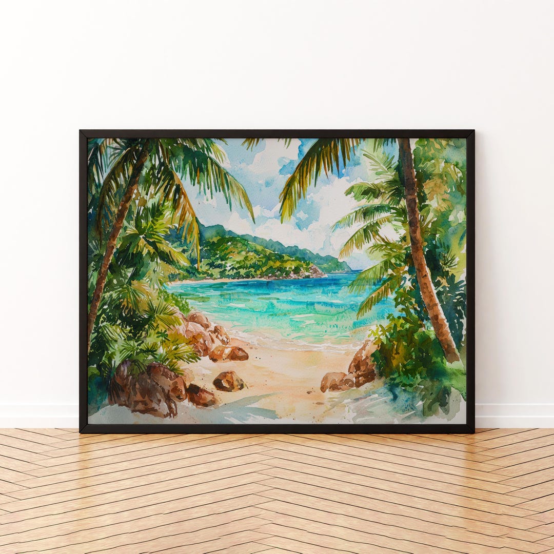 Seychelles Watercolor Poster Landscape Wall Art Seychelles Wall Hanging ...