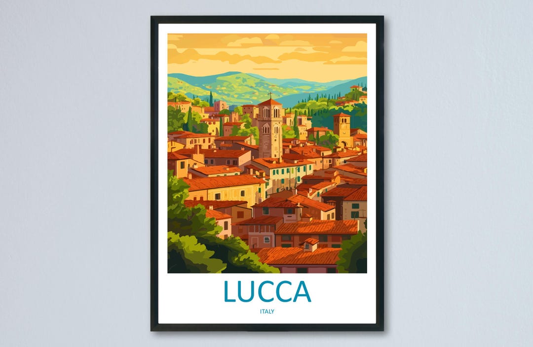 Lucca Cartoon Travel Poster Italy Wall Art Tuscan City Print Historic ...