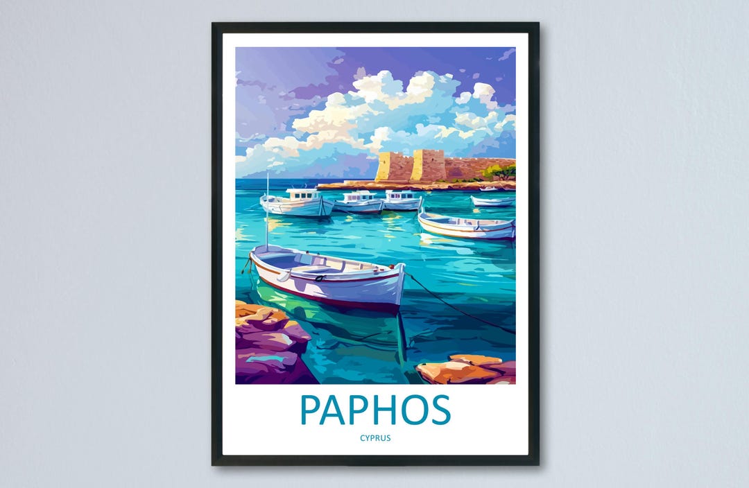 Paphos Cartoon Travel Poster Cyprus Wall Art Coastal Print ...