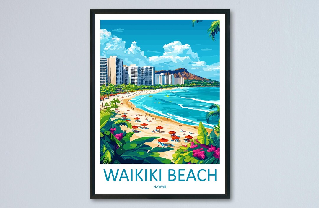 Waikiki Beach Cartoon Travel Poster Hawaii Wall Art Tropical Print ...