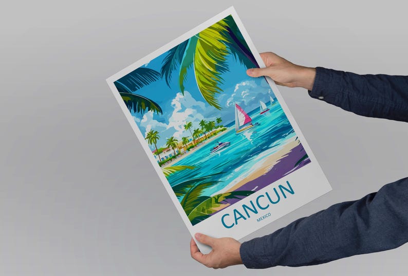 Cancun Cartoon Travel Poster Mexico Wall Art Beach Resort Print ...