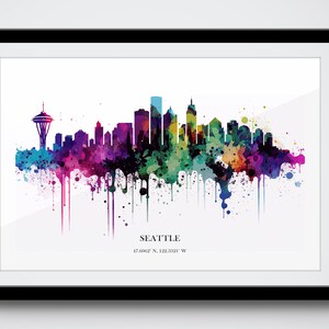 Seattle Watercolour Skyline Print Seattle Cityscape Seattle Home Décor ...
