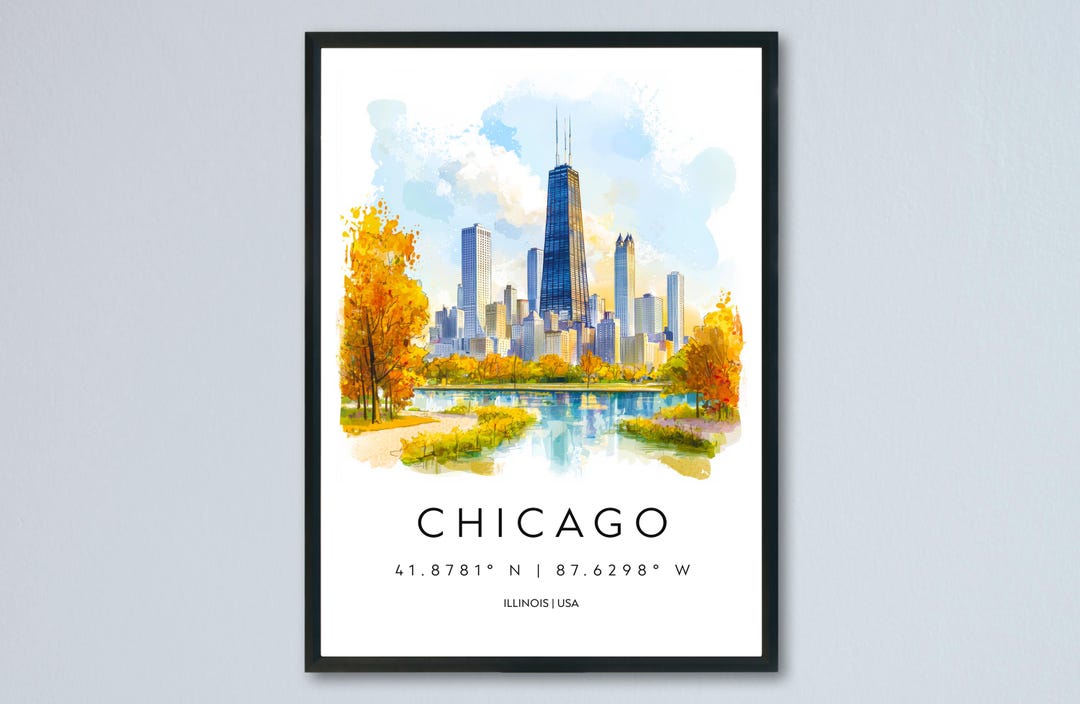 Chicago Watercolor Poster Chicago Illinois Travel Print Wall Art ...