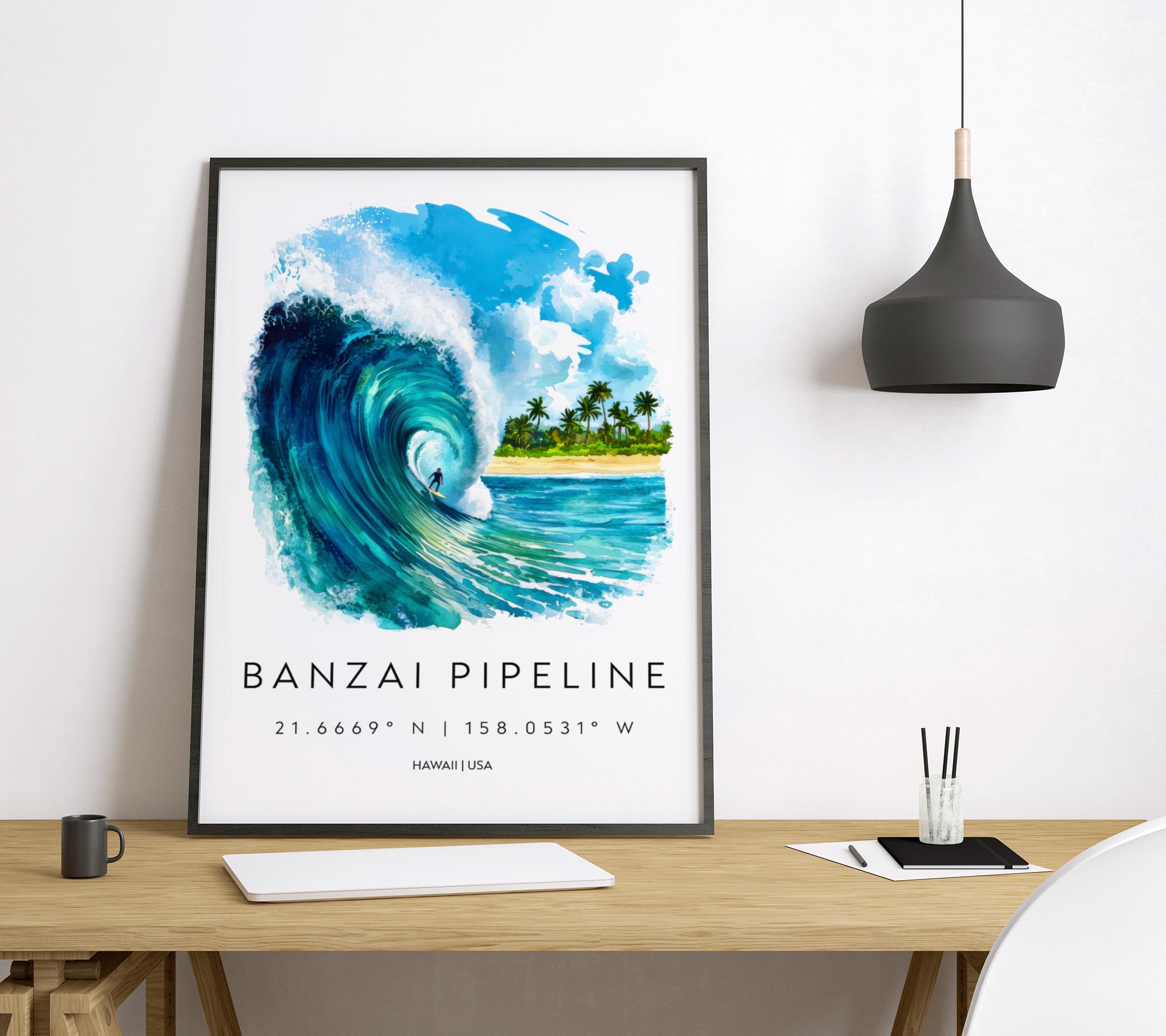 Banzai Pipeline Watercolor Poster Wall Art Banzai Pipeline Wall Hanging ...